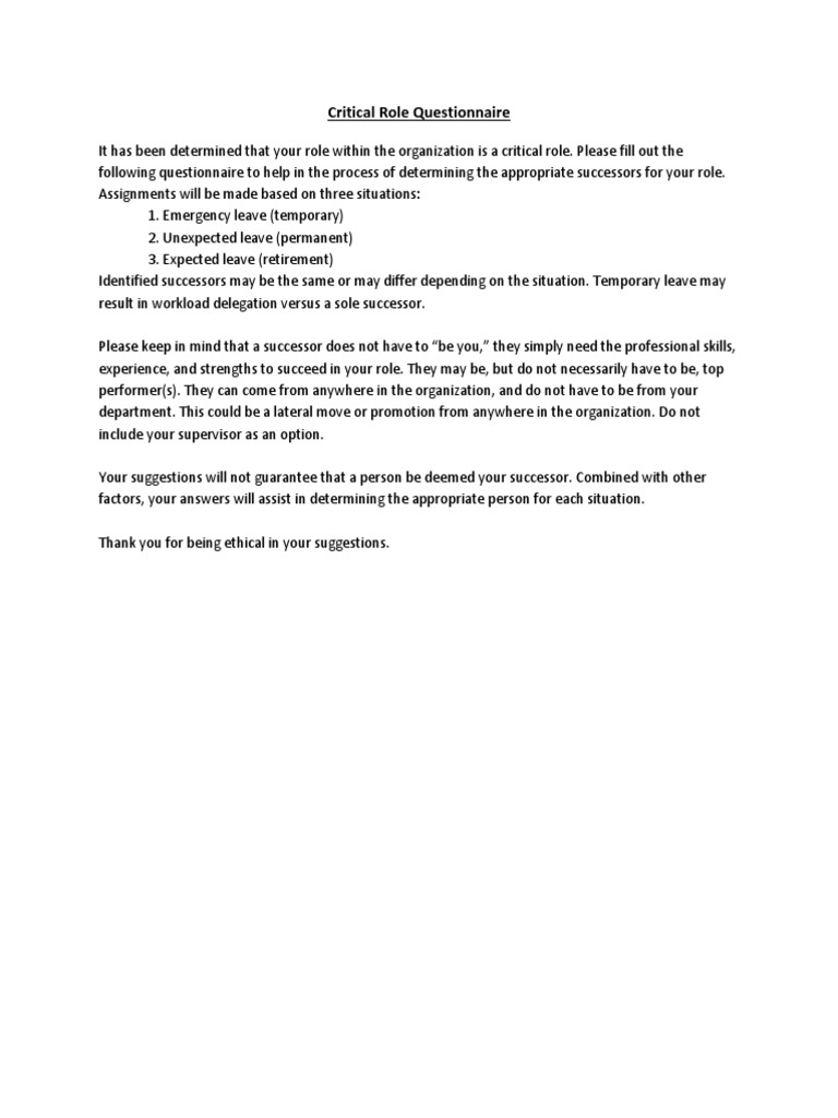 Critical Role Succession Planning Form | PDF | Human Nature | Psychology