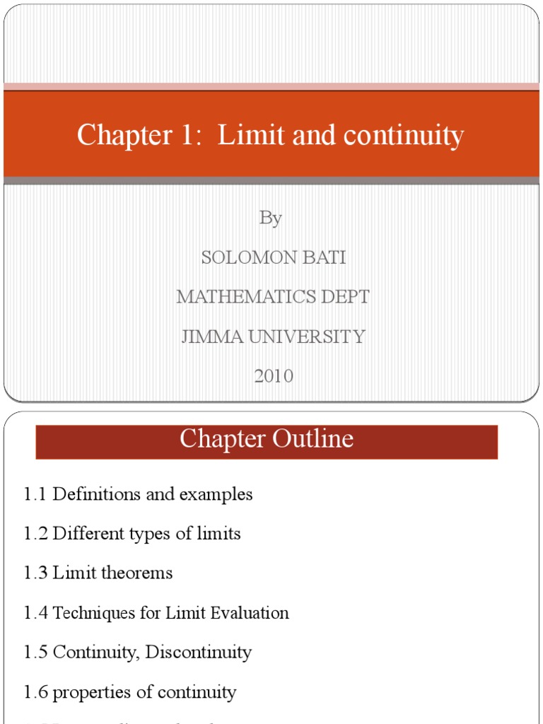 Chapter 1: Limit and Continuity: by Solomon Bati Mathematics Dept Jimma University 2010 | PDF ...