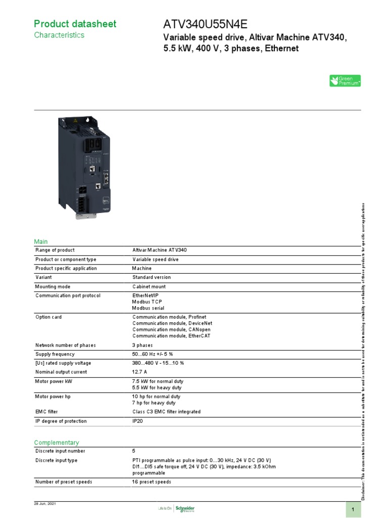 Product Datasheet for Altivar Machine ATV340 Variable Speed Drive for 5 ...