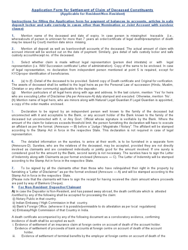 Deceased Claim Settlement Form | PDF | Probate | Notary Public