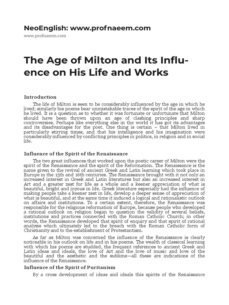 The Age of Milton and Its Influence On His Life and Works - NeoEnglish ...