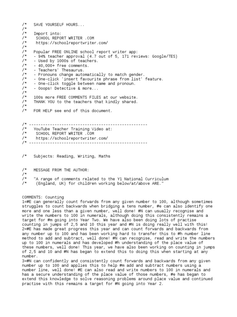 SchoolReportWriter dotCOM Comment Bank Reading-Writing-Maths-2 | PDF ...