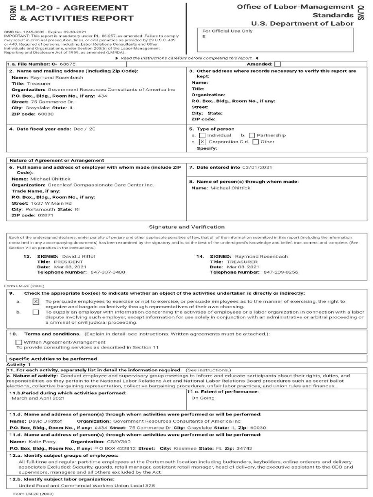 Greenleaf Compassionate Care Center: Form LM-20 | PDF