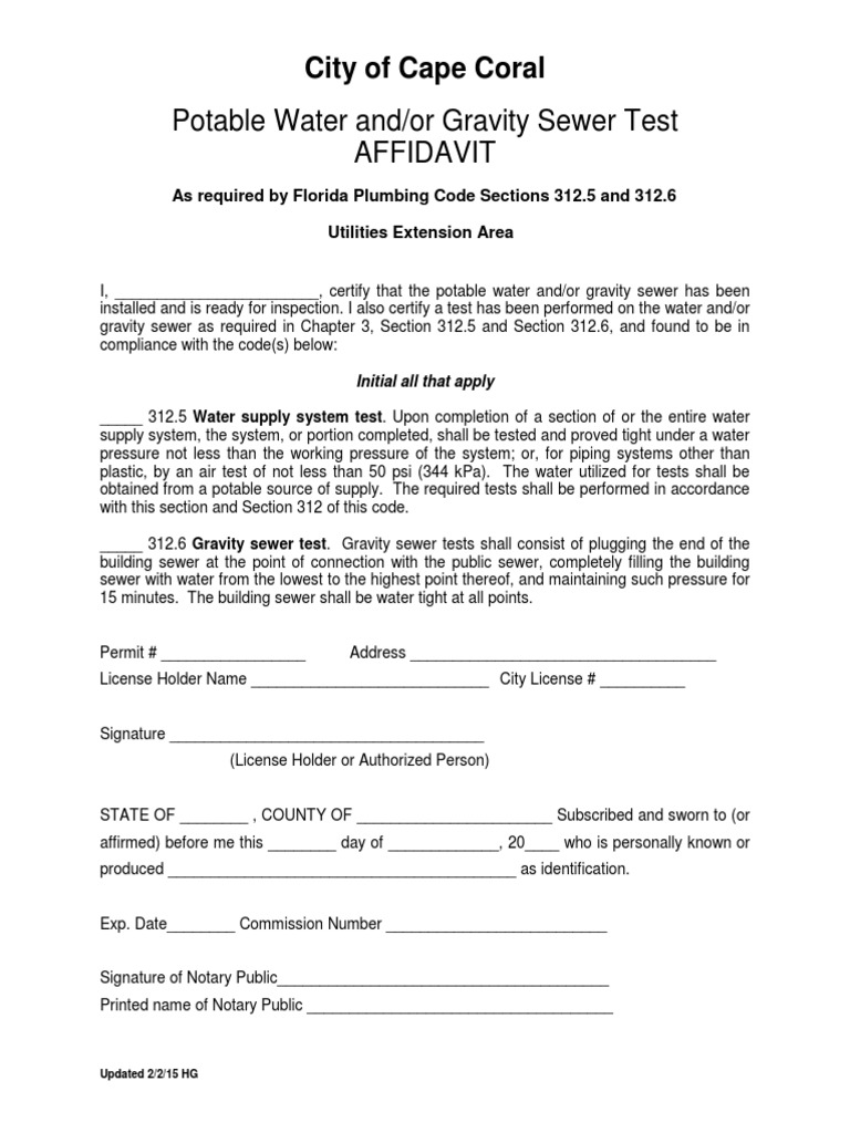 Potable Water And/or Gravity Sewer Test Affidavit: City of Cape Coral | PDF