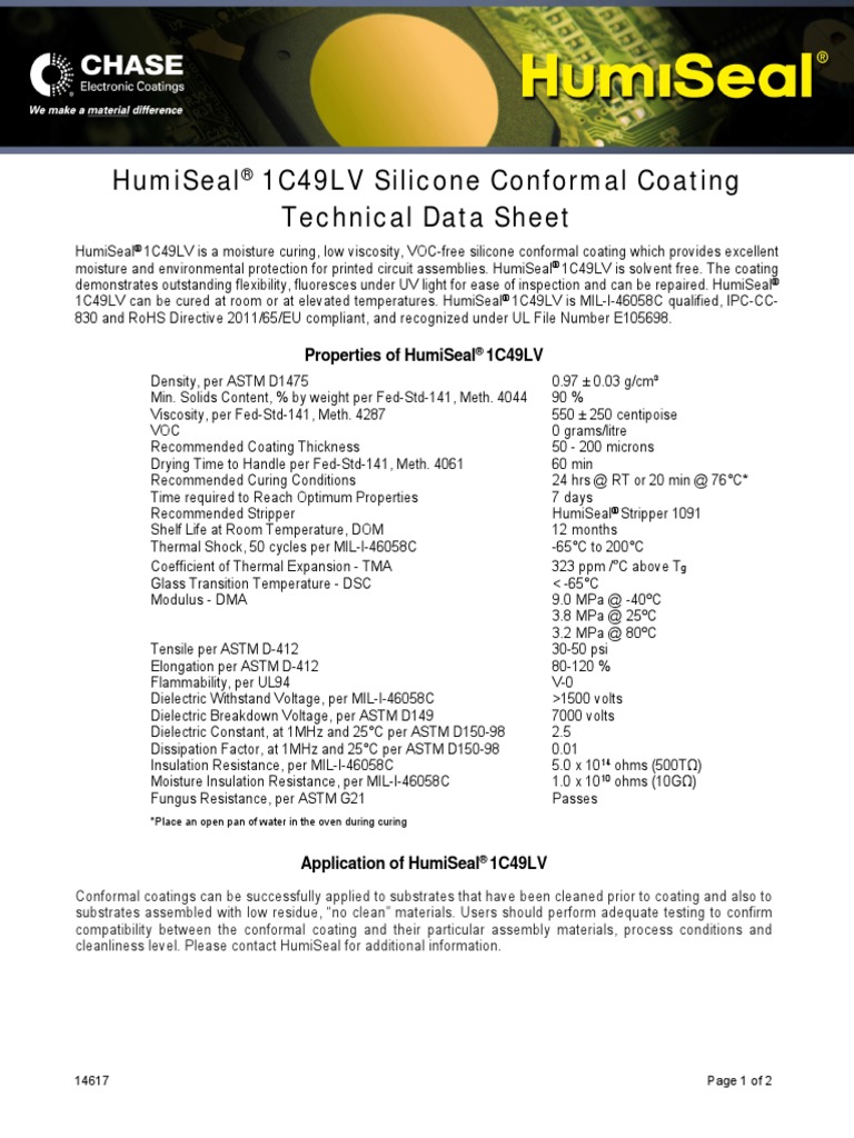 Humiseal 1C49Lv Silicone Conformal Coating Technical Data Sheet | PDF ...