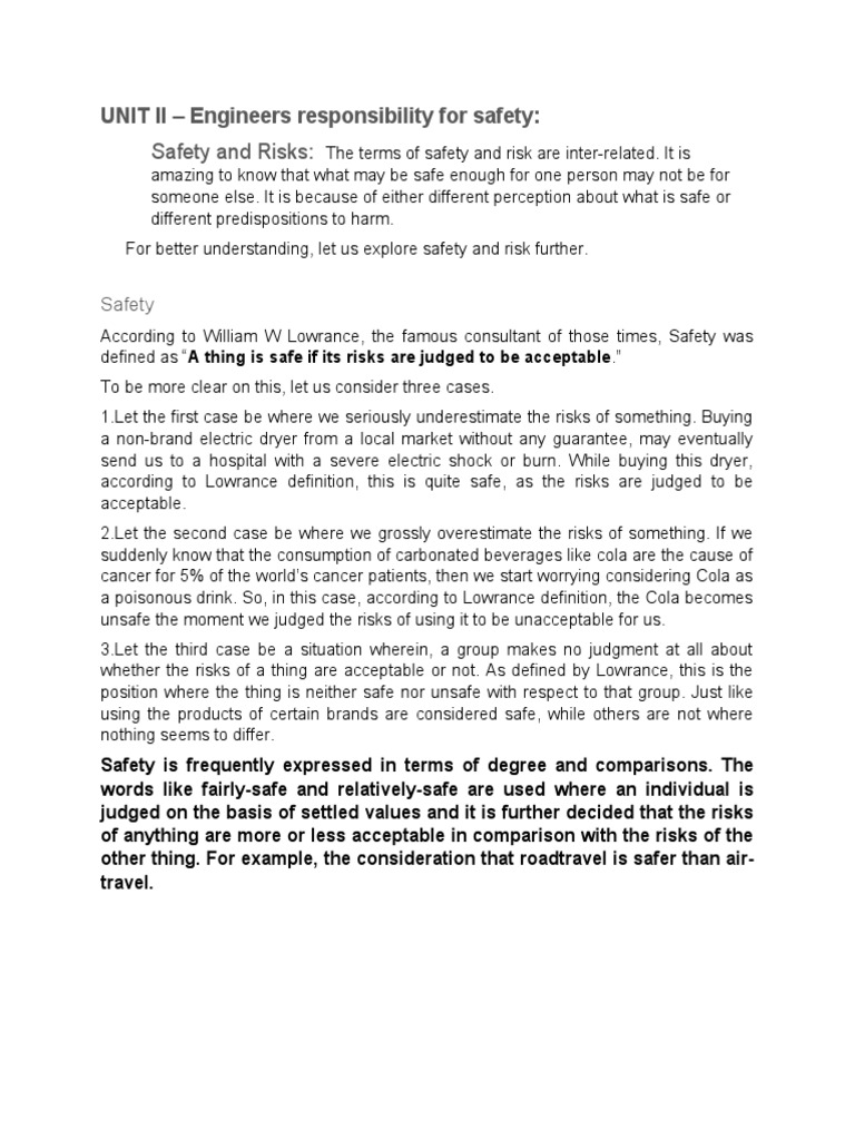 Safety and Risks:: UNIT II - Engineers Responsibility For Safety ...