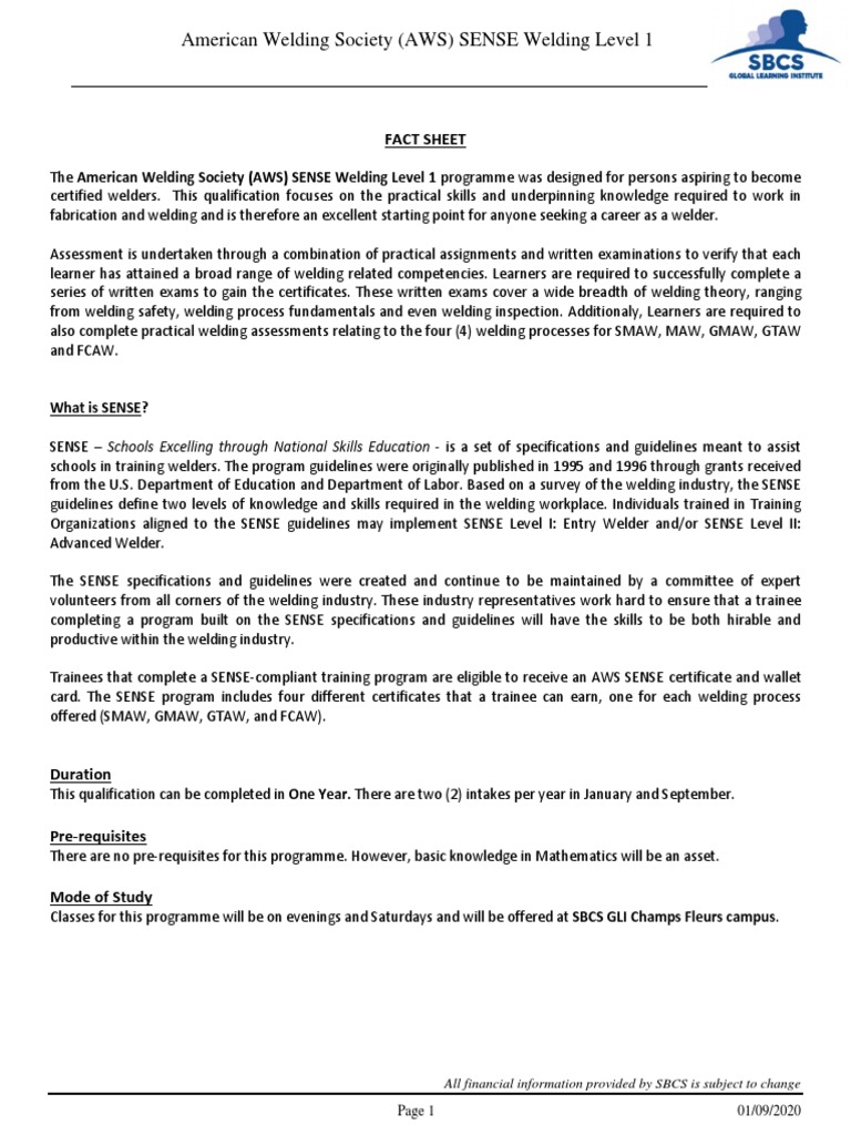 American Welding Society (AWS) SENSE Welding Level 1: Fact Sheet | PDF | Electric Heating | Welding