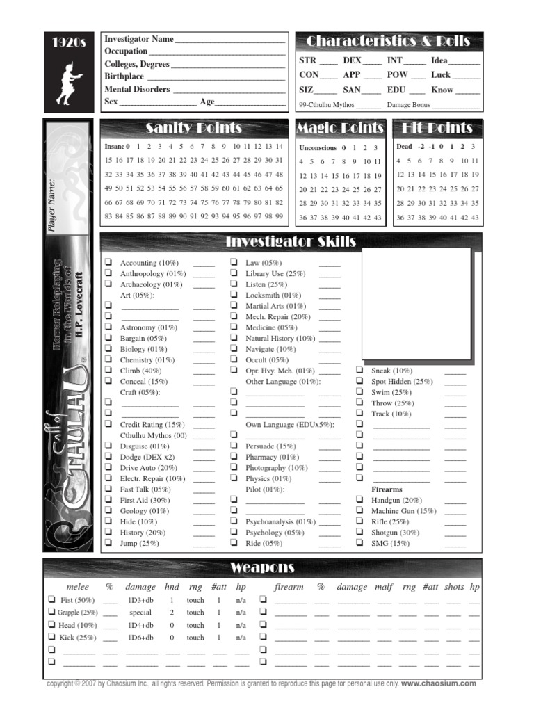 Character Sheet - 1920s - Call of Cthulhu V6 | PDF | Firearms ...