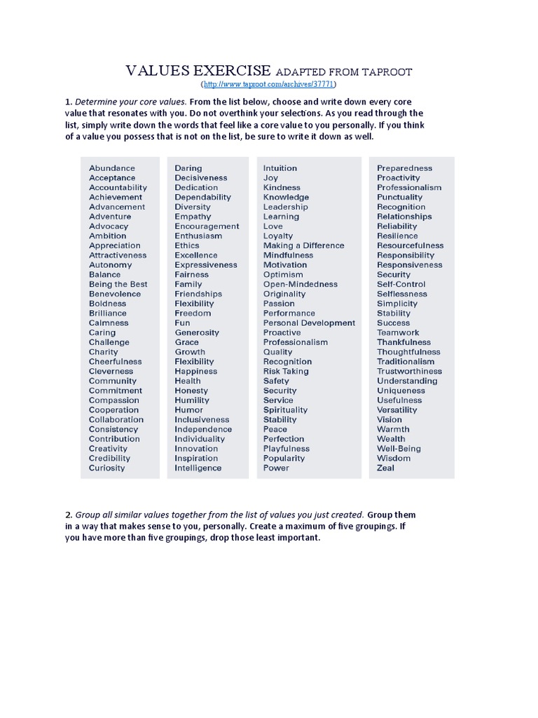 Values Exercise: Adapted From Taproot | PDF