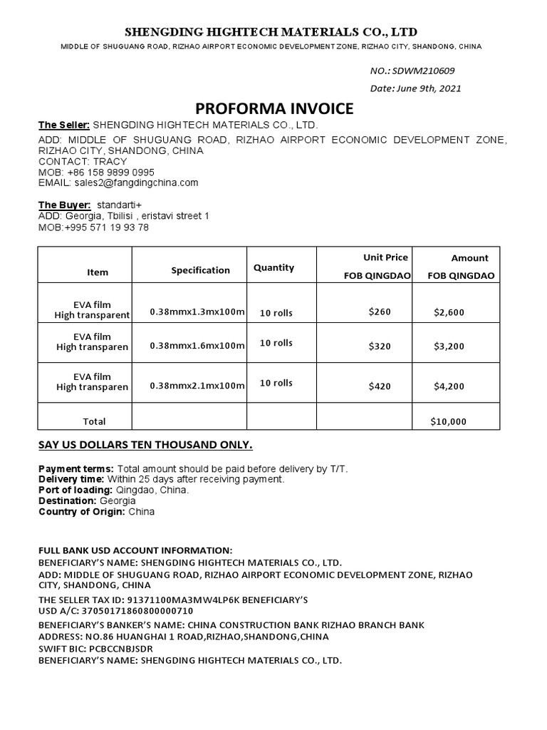 Proforma Invoice for EVA Film Purchase | PDF | Business | Technology & Engineering