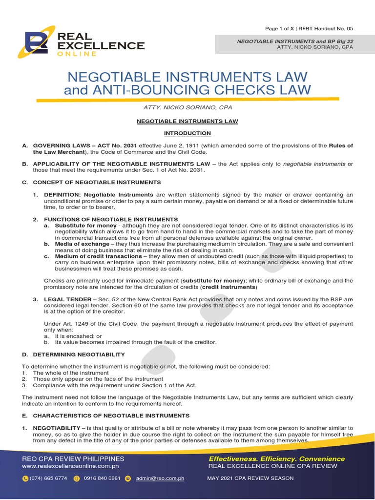 Negotiable Instruments Law and Anti-Bouncing Checks Law: Atty. Nicko ...