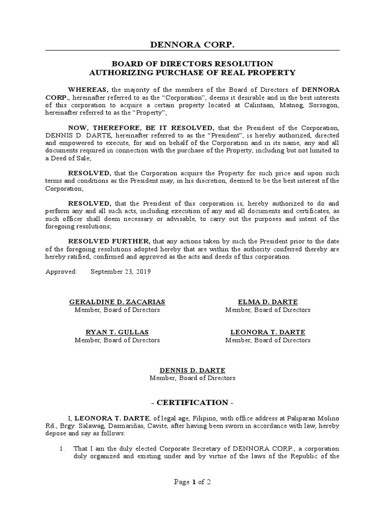 Board Resolution For Purchase of Real Property | PDF | Board Of ...