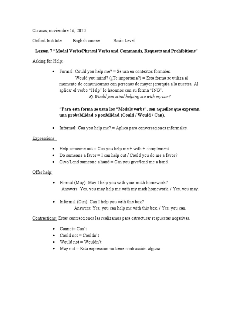 Lesson 7 - Modal Verbs and Commands, Requests and Prohibitions | PDF ...