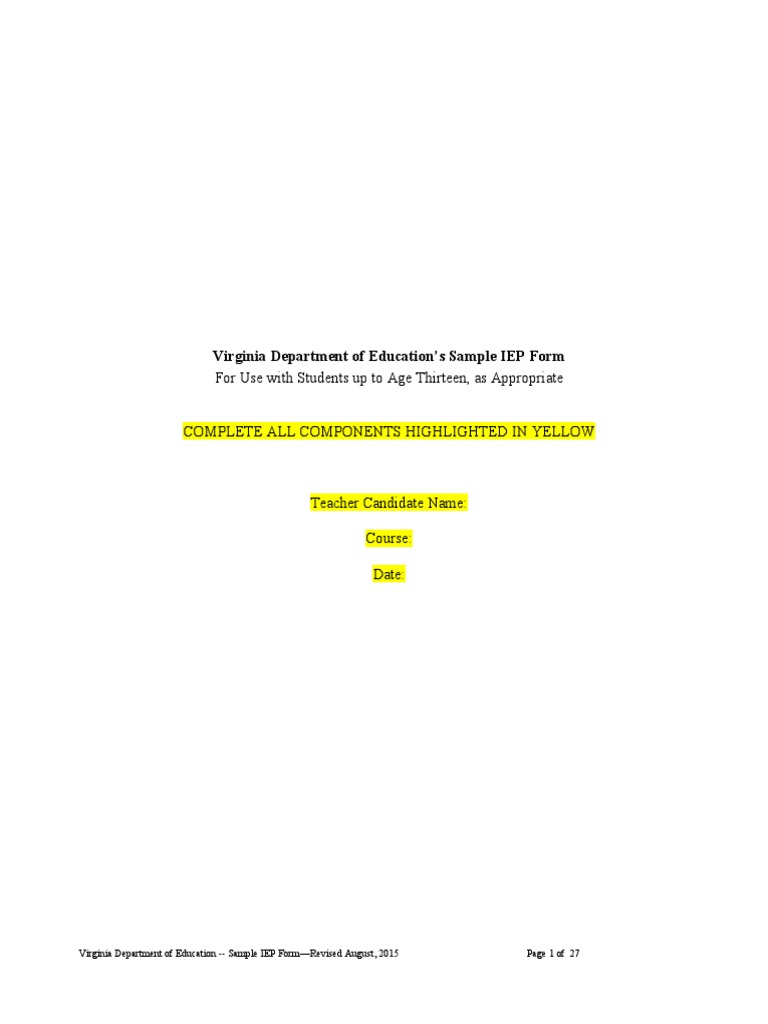 Virginia Department of Education's Sample IEP Form: For Use With ...