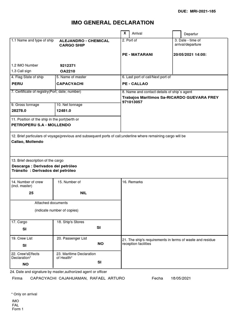 Imo General Declaration | PDF | Port | Tonnage