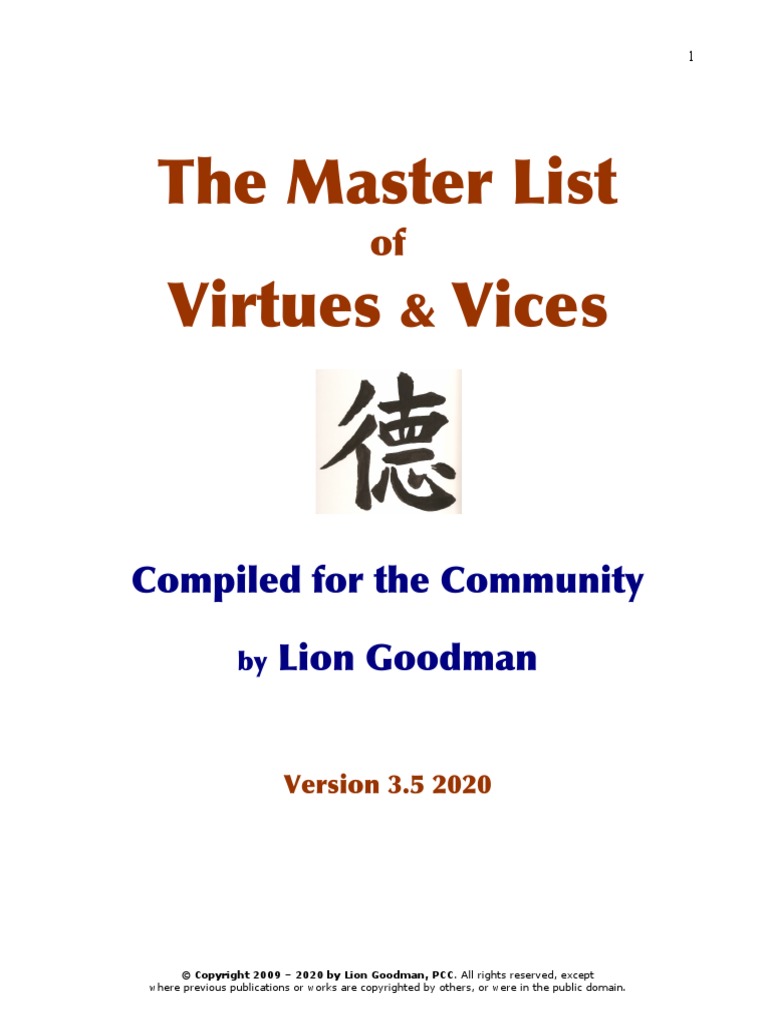 Virtues, Vices and Values - The Master List - 2020 | PDF | Virtue ...