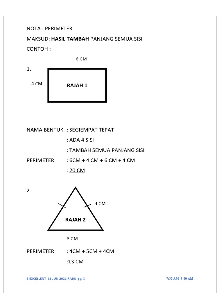 Nota: Perimeter Maksud: Hasil Tambah Panjang Semua Sisi Contoh | PDF