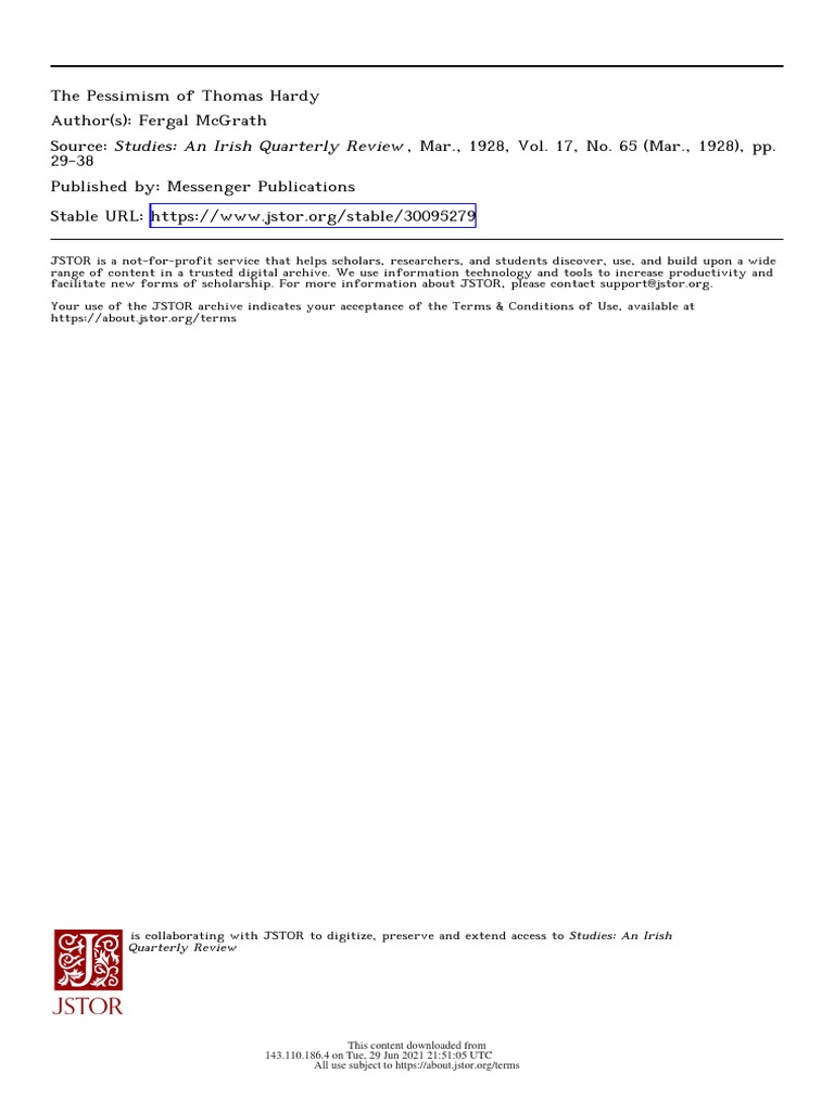 Tess of the D'Urbervilles: Hardy as a Pessimist The fact that Hardy ...