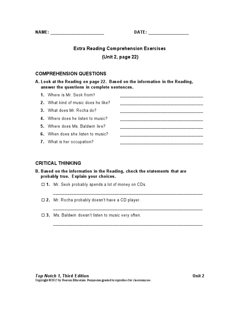 Extra Reading Comprehension (Unit 2, Page 22) Exercises: Top Notch 1, Third Edition | PDF