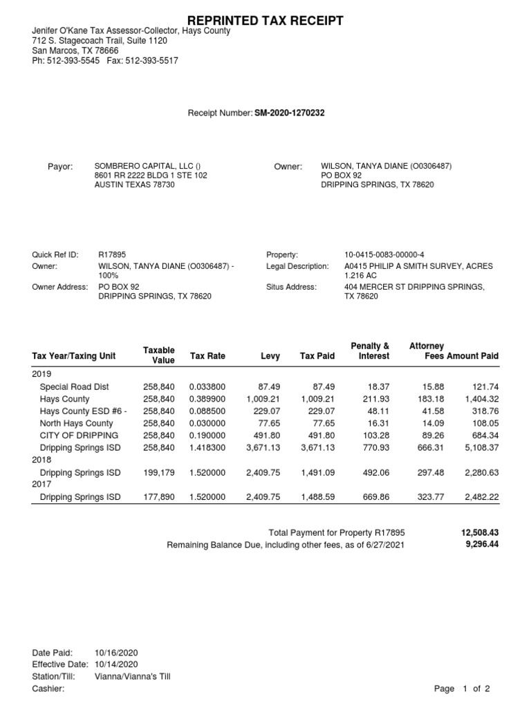 Reprinted Tax Receipt for Wilson Properties | PDF | Payments | Taxes