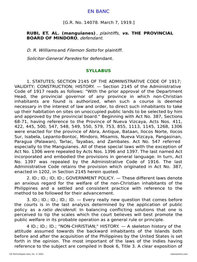 Plaintiffs Defendant D. R. Williams Filemon Sotto Solicitor-General ...