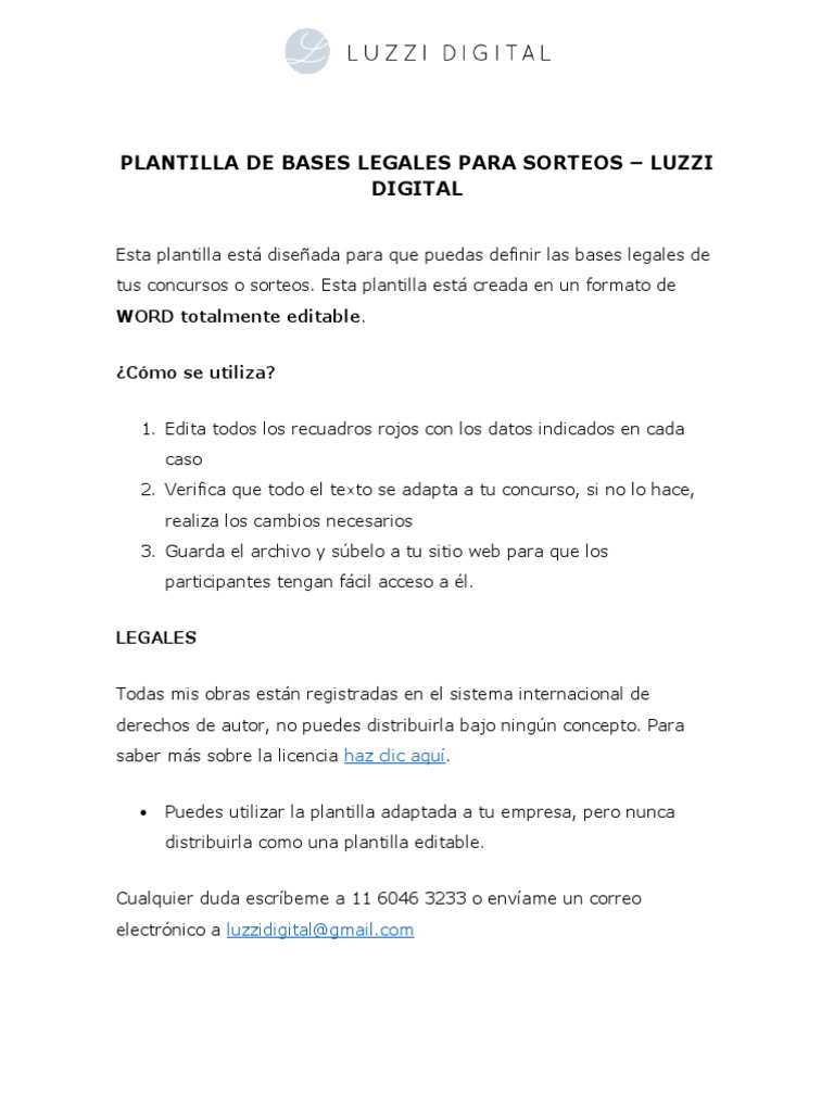 Plantilla Bases Legales para Sorteos Luzzi Digital | PDF | Privacidad de la información | Empresas