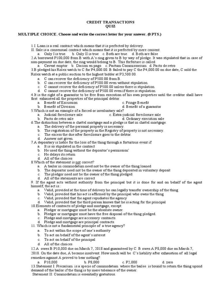 Credit Transactions Quiz MULTIPLE CHOICE. Choose and Write The Correct ...
