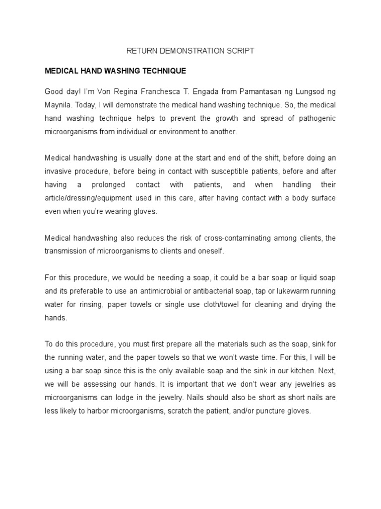 Return Demonstration Video Script (Gloves and Hand Wash) | PDF | Hand ...
