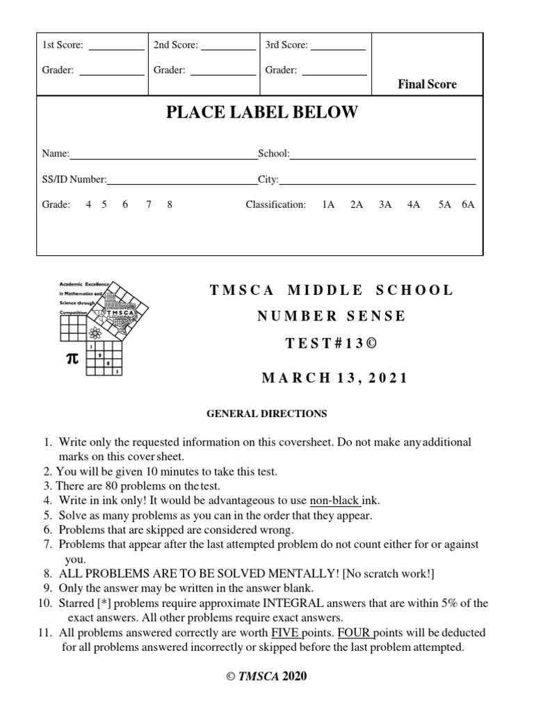 Place Label Below: Tmsca Middle School Number Sense TEST#13© M A R C H ...
