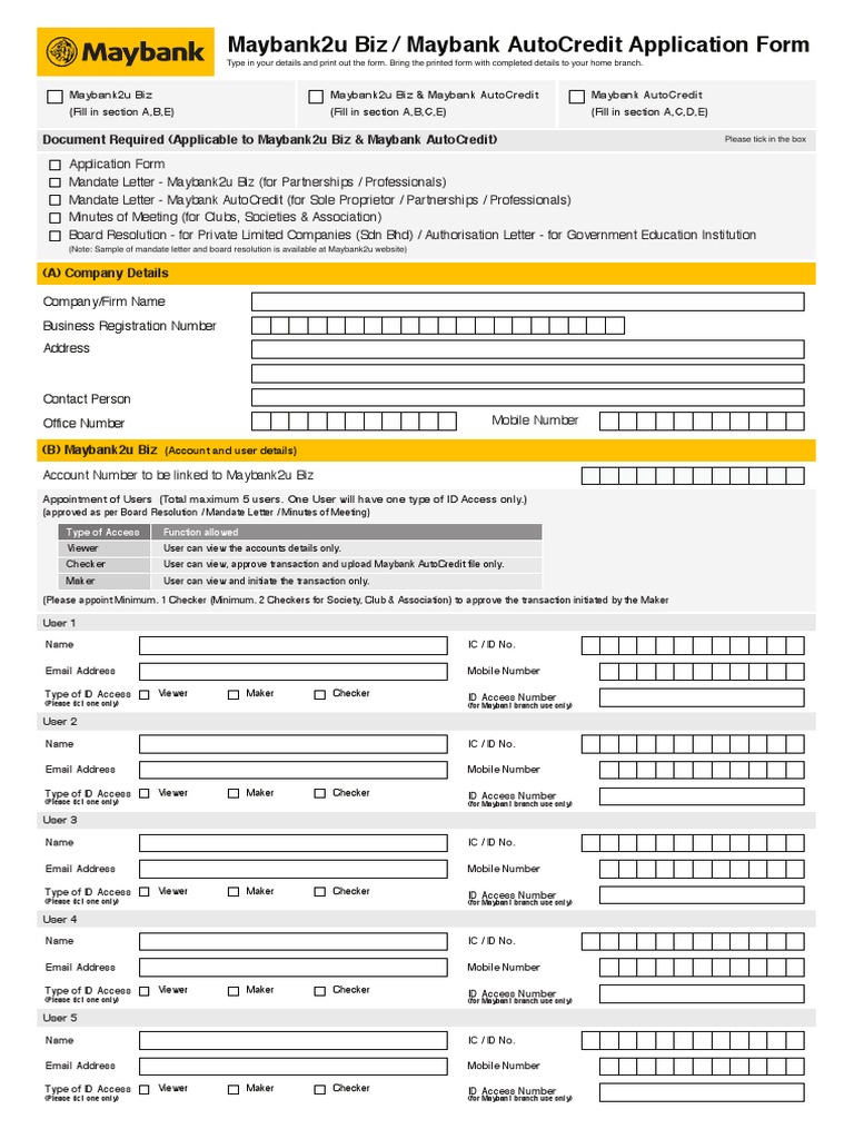 Maybank2U Biz / Maybank Autocredit Application Form | PDF | Payments | Business