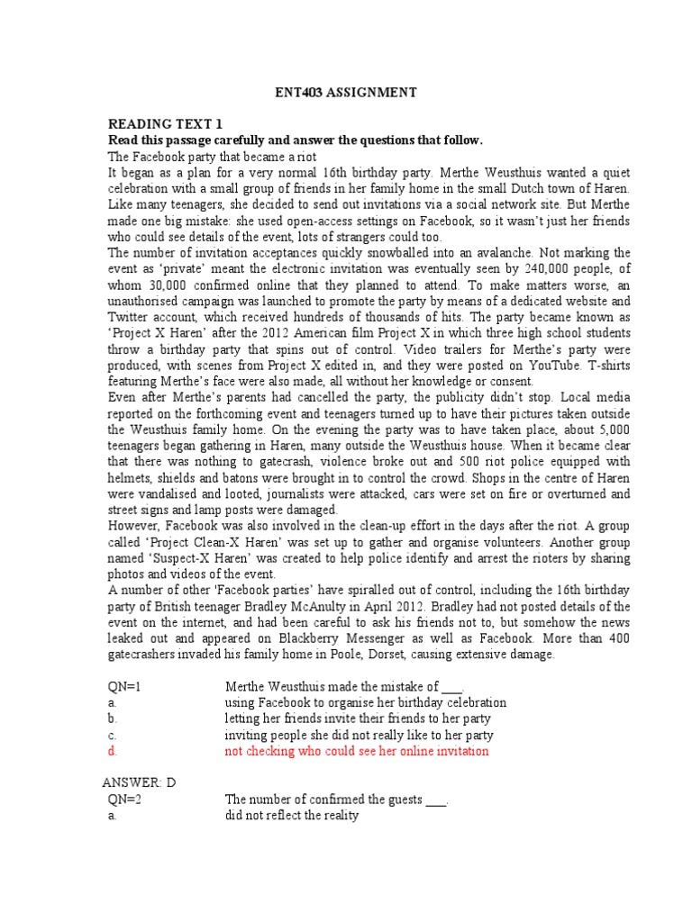 Ent403 Assignment Reading Text 1 Read This Passage Carefully and Answer ...