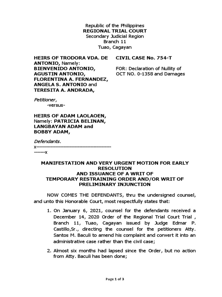 Motion For Early Resolution | PDF | Restraining Order | Injunction