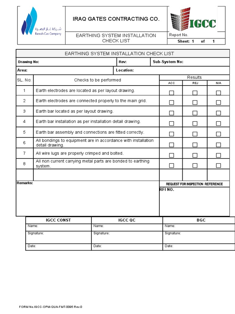 IGCC-OPM-QUA-FMT-0095 Rev.0 - EARTHING SYSTEM INSTALLATION CHECKSHEET ...