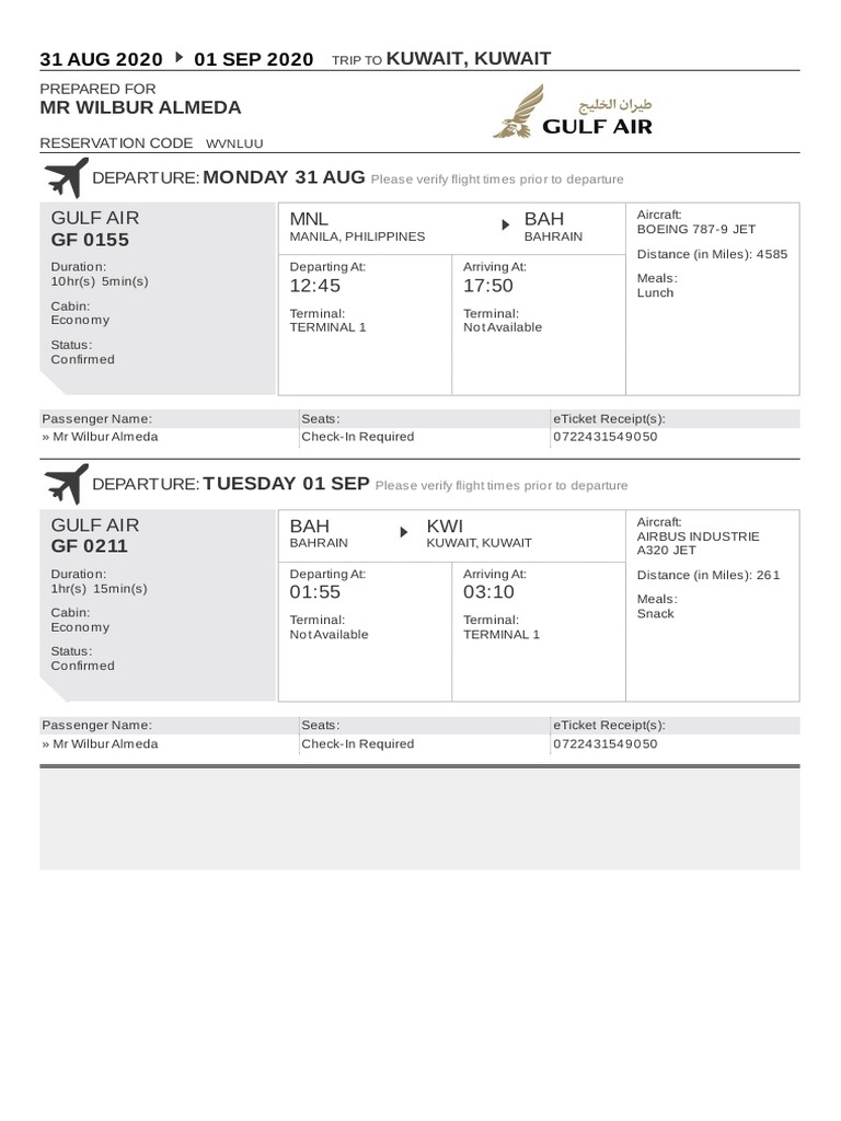 Travel Reservation August 31 For MR WILBUR ALMEDA | PDF