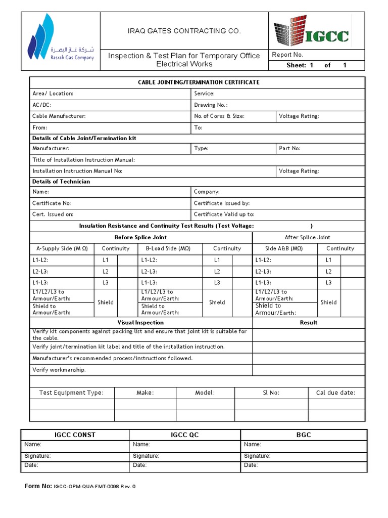 Inspection & Test Plan For Temporary Office Electrical Works | PDF ...