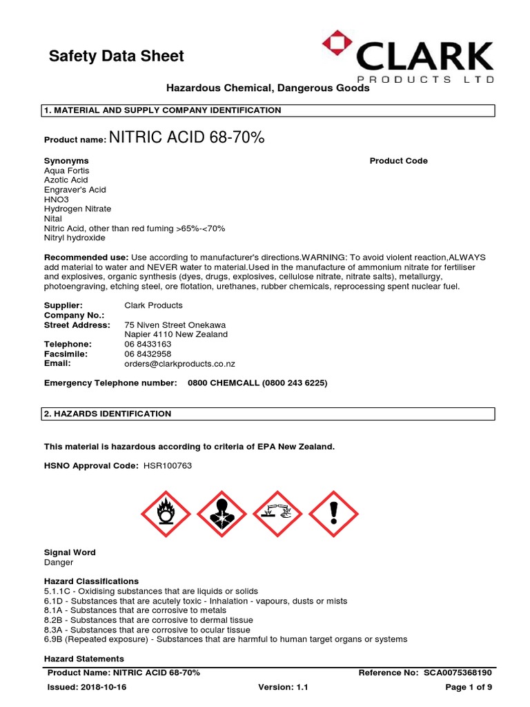 NITRIC ACID 68-70%: Safety Data Sheet | PDF | Dangerous Goods | Toxicity
