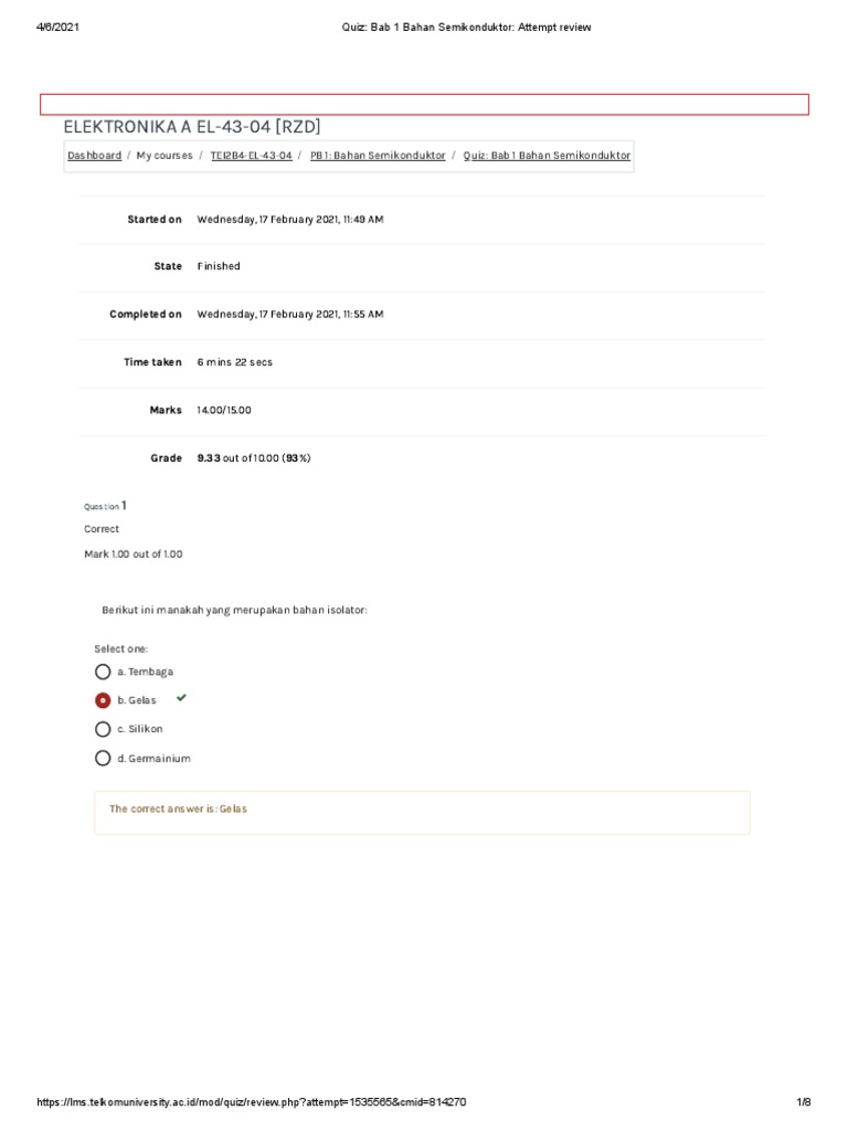 Quiz - Bab 1 Bahan Semikonduktor - Attempt Review | PDF