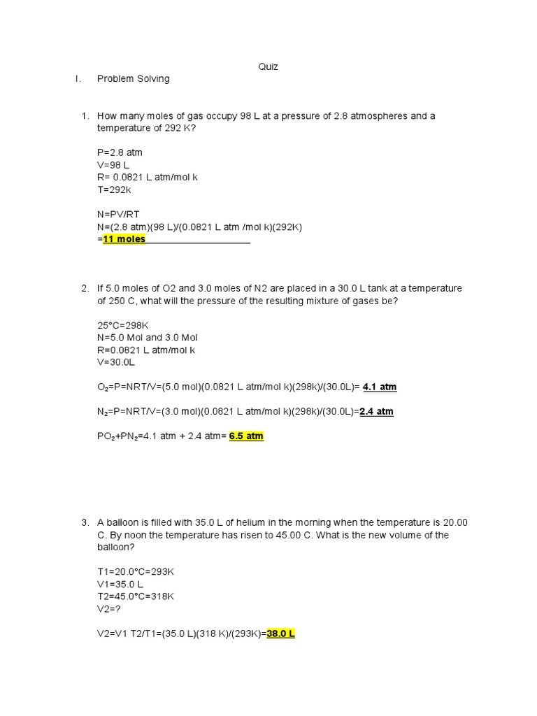 Gas Laws and Chemical Reactions Quiz | PDF | Balloon | Gases