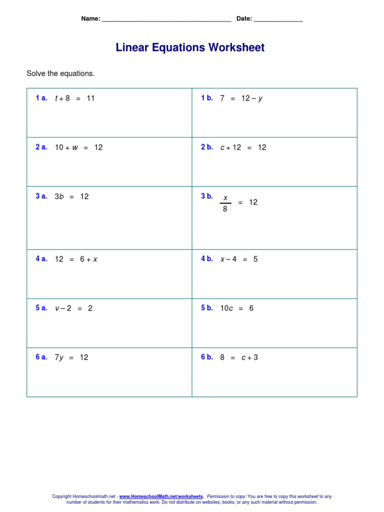 Linear Equations Worksheet | PDF | Equations | Teaching Mathematics