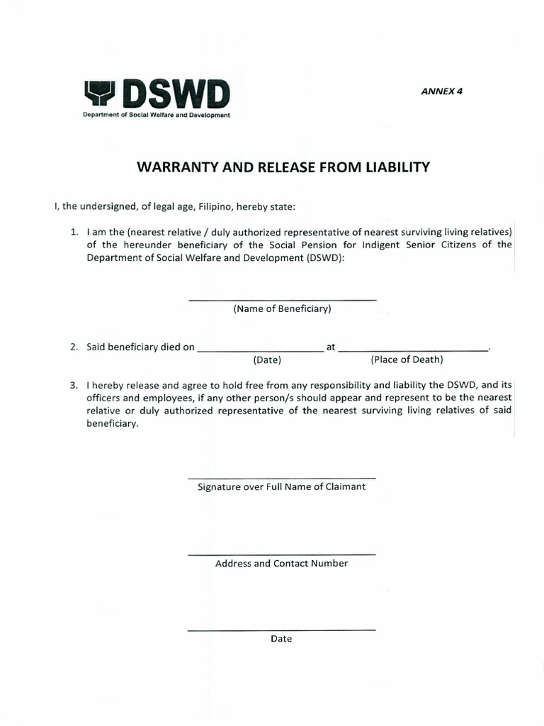 DSWD Warranty Liability Senior Payout Annex 4 | PDF