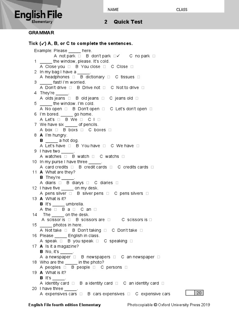 2 Quick Test: Grammar Tick ( ) A, B, or C To Complete The Sentences ...