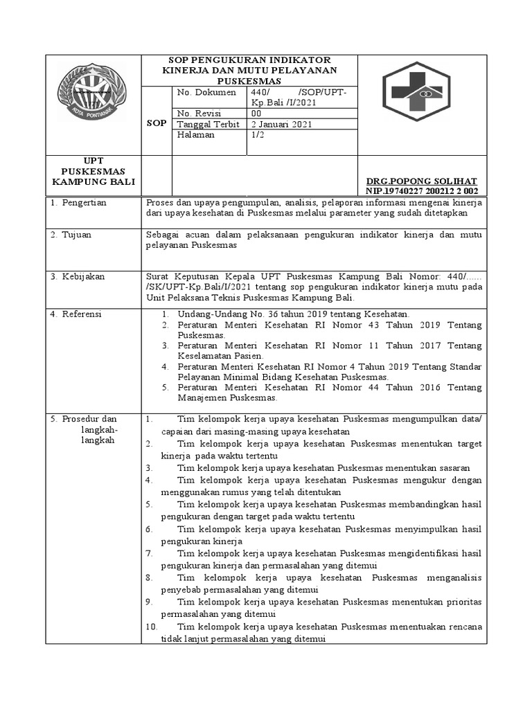 Sop Pengukuran Indikator Kinerja Dan Mutu Pelayanan Puskesmas Revisi | PDF