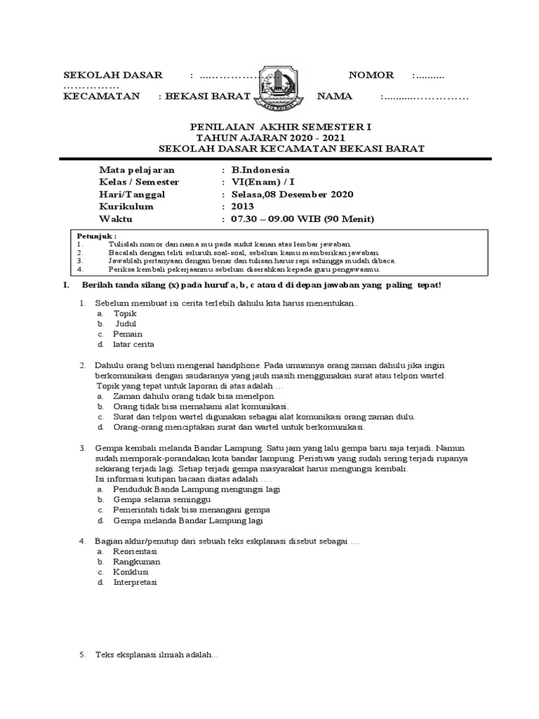 Pas Bahasa Indonesia Kelas 6b FIX | PDF