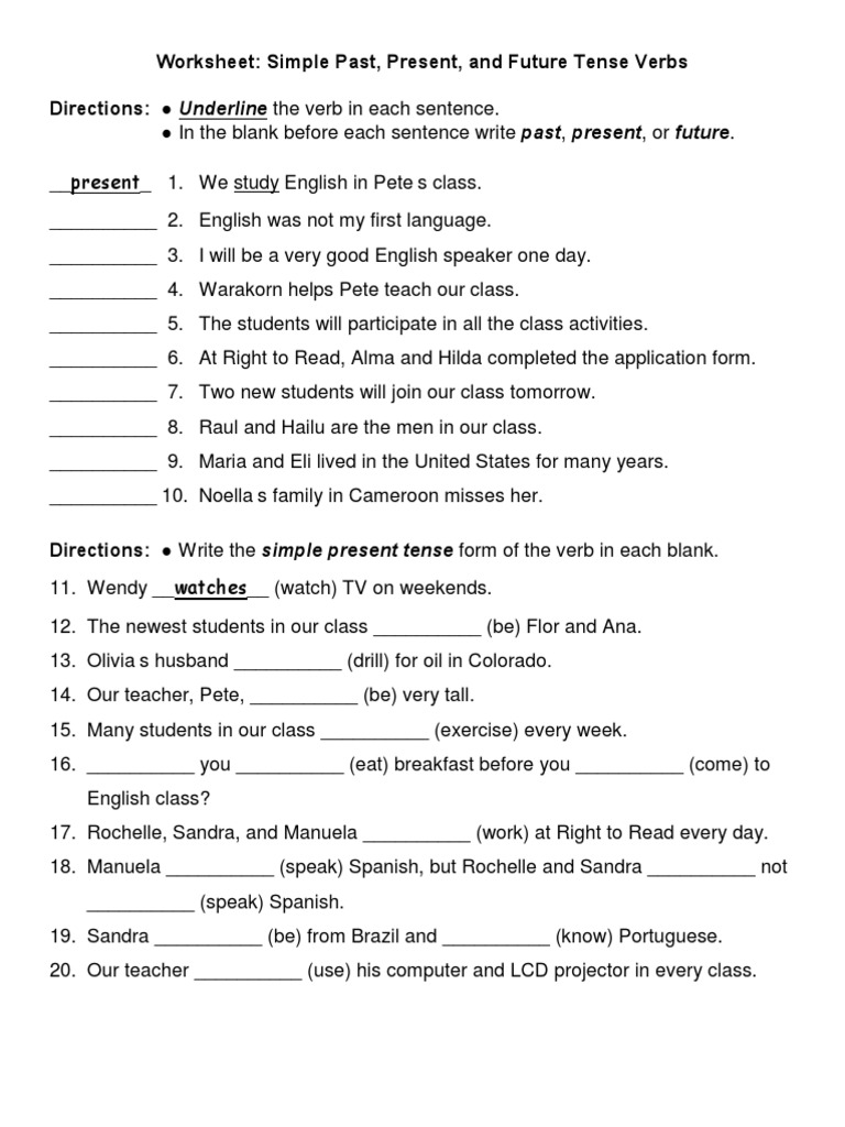 Worksheet: Simple Past, Present, and Future Tense Verbs Directions ...