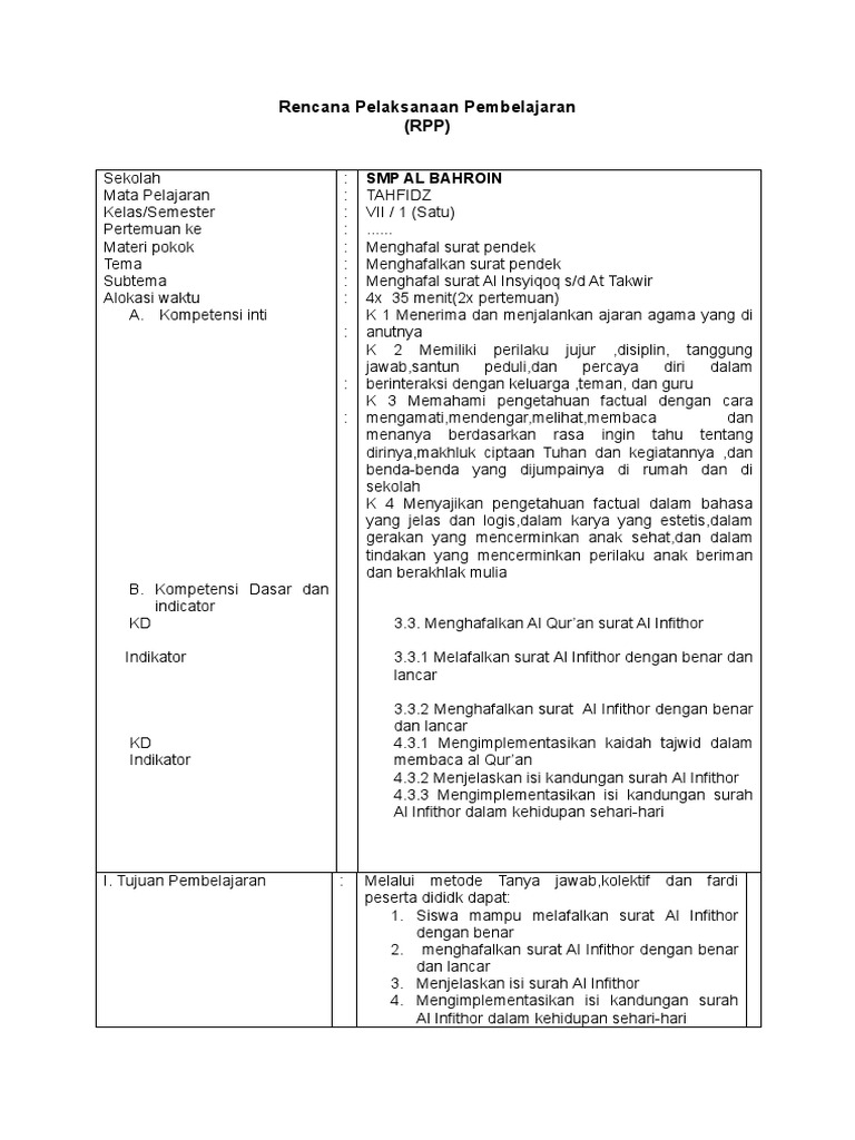RPP 1 Tahfidz | PDF