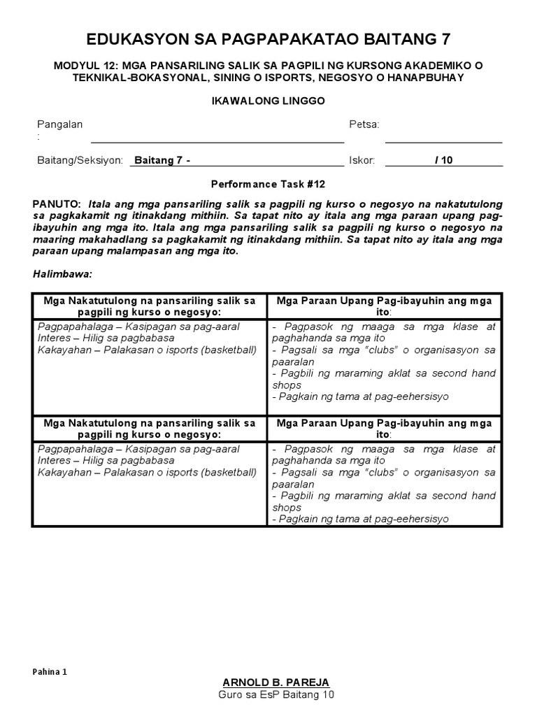 EsP7 Modyul 12 Performance Task 12 | PDF