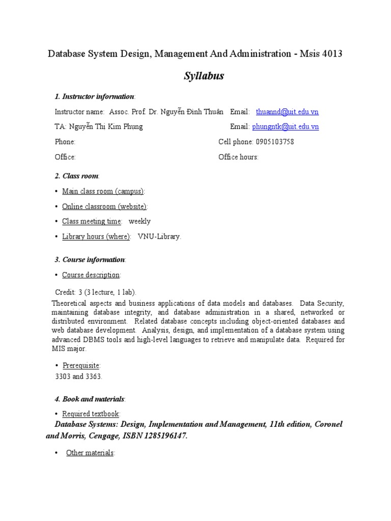 Syllabus: Database System Design, Management and Administration - Msis 4013 | PDF | Databases ...