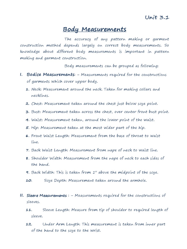 Body Measurements: Unit 3.1 | PDF | Waist | Skirt