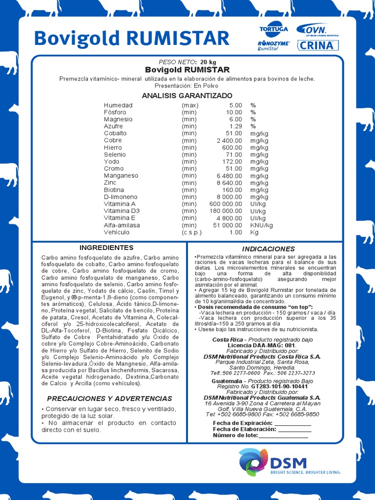 Etiqueta Bovigold Rumistar | PDF | Calcio | Sustancias químicas