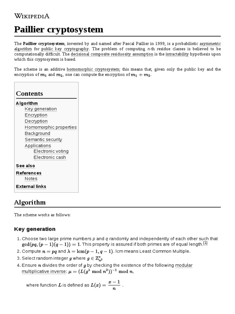 Paillier Cryptosystem: Algorithm | PDF | Cryptography | Computer Security